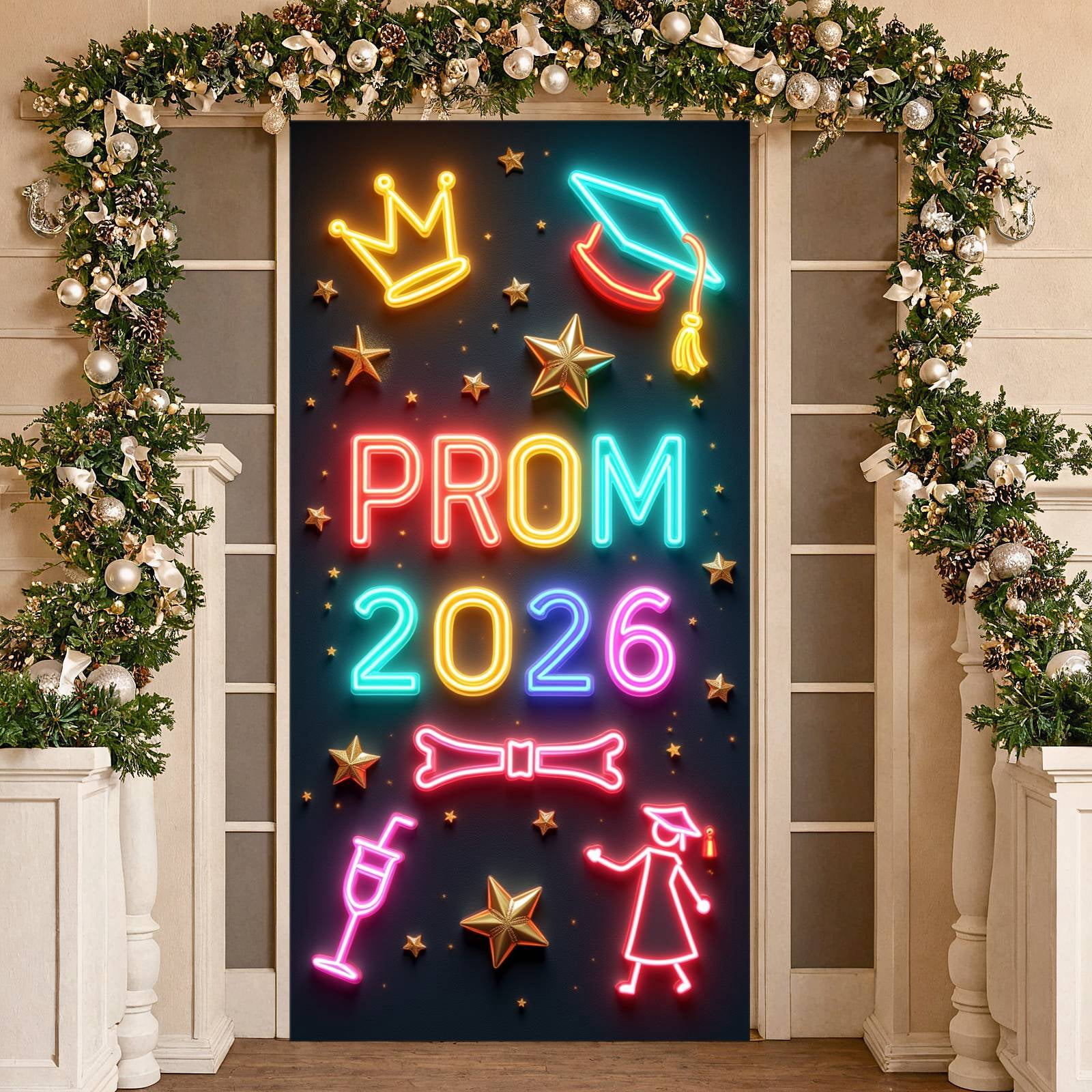 Neon Style PROM 2026 Banner Crown Prom Backdrop Colorful Neon Star ...