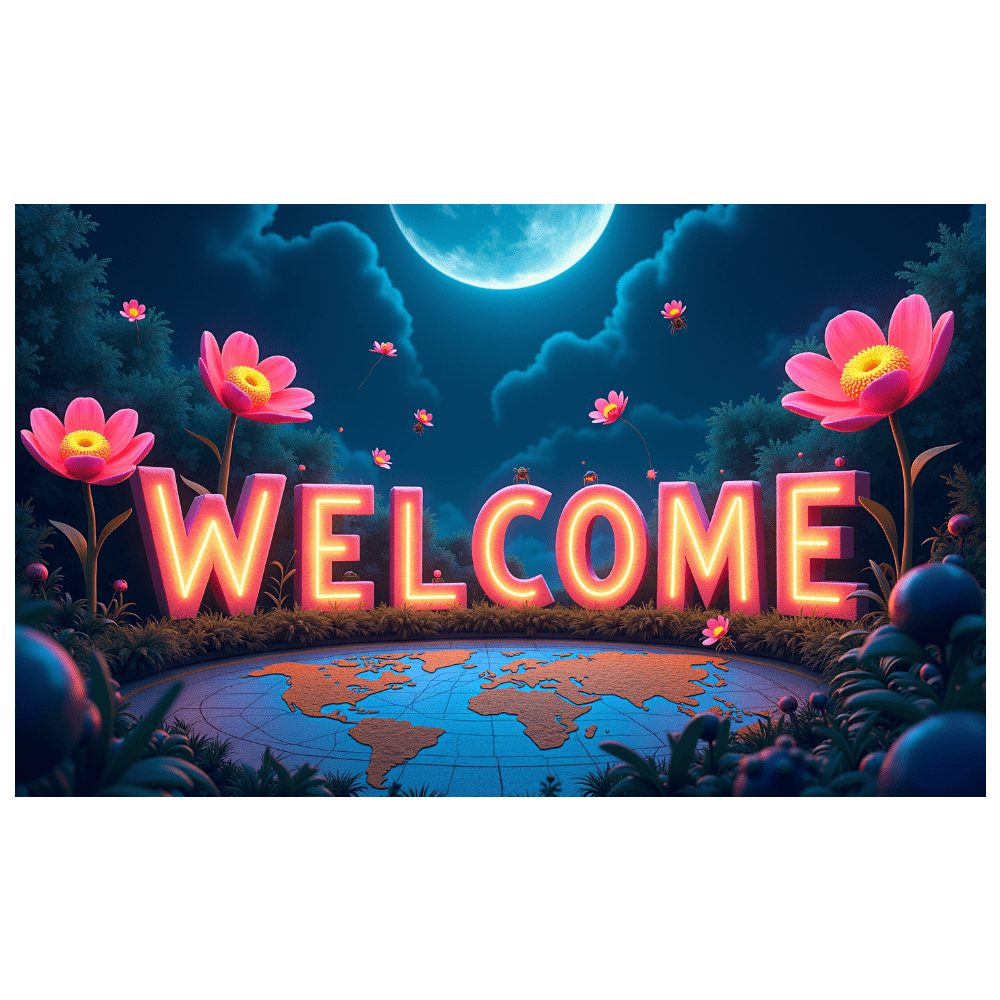 Neon Style Welcome Banner with Floral Elements and World Map Design ...