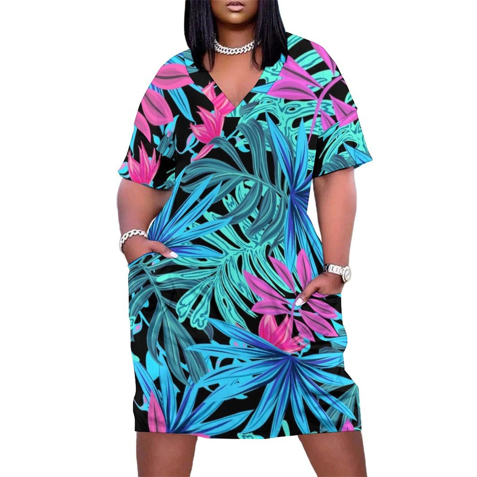 Neon Summer Tropical Leaves Pattern Loose Pocket Dress Clothing summer ...