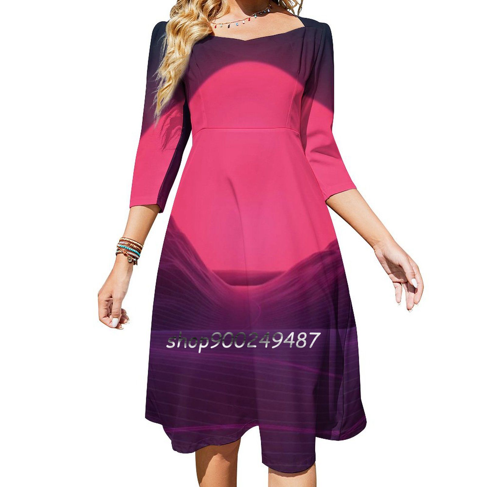 Neon Sunset Square Neck Dress Cute Loose Print Dresses Elegant Beach ...