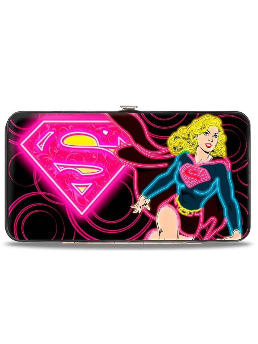 DC Comics Wallet, Hinged, Neon Super Shield Supergirl Pose Rings Black Pinks Yellow, Vegan ...