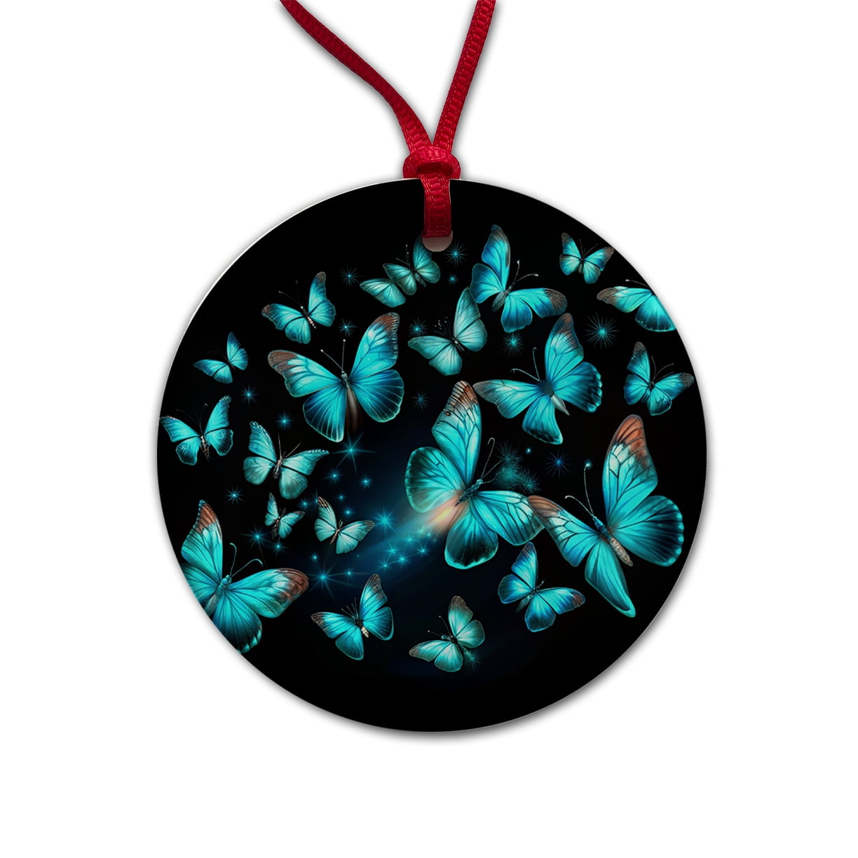Neon Teal Blue Butterflies Christmas Tree Holiday Round Ceramic ...