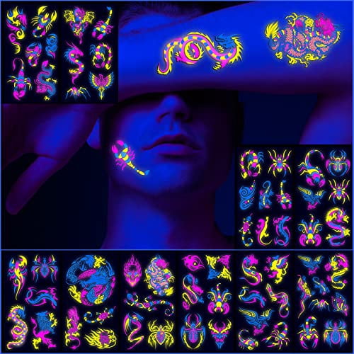 Neon Temporary Tattoos Glow In The UV Neon Tattoos Stickers 61 Glitter ...