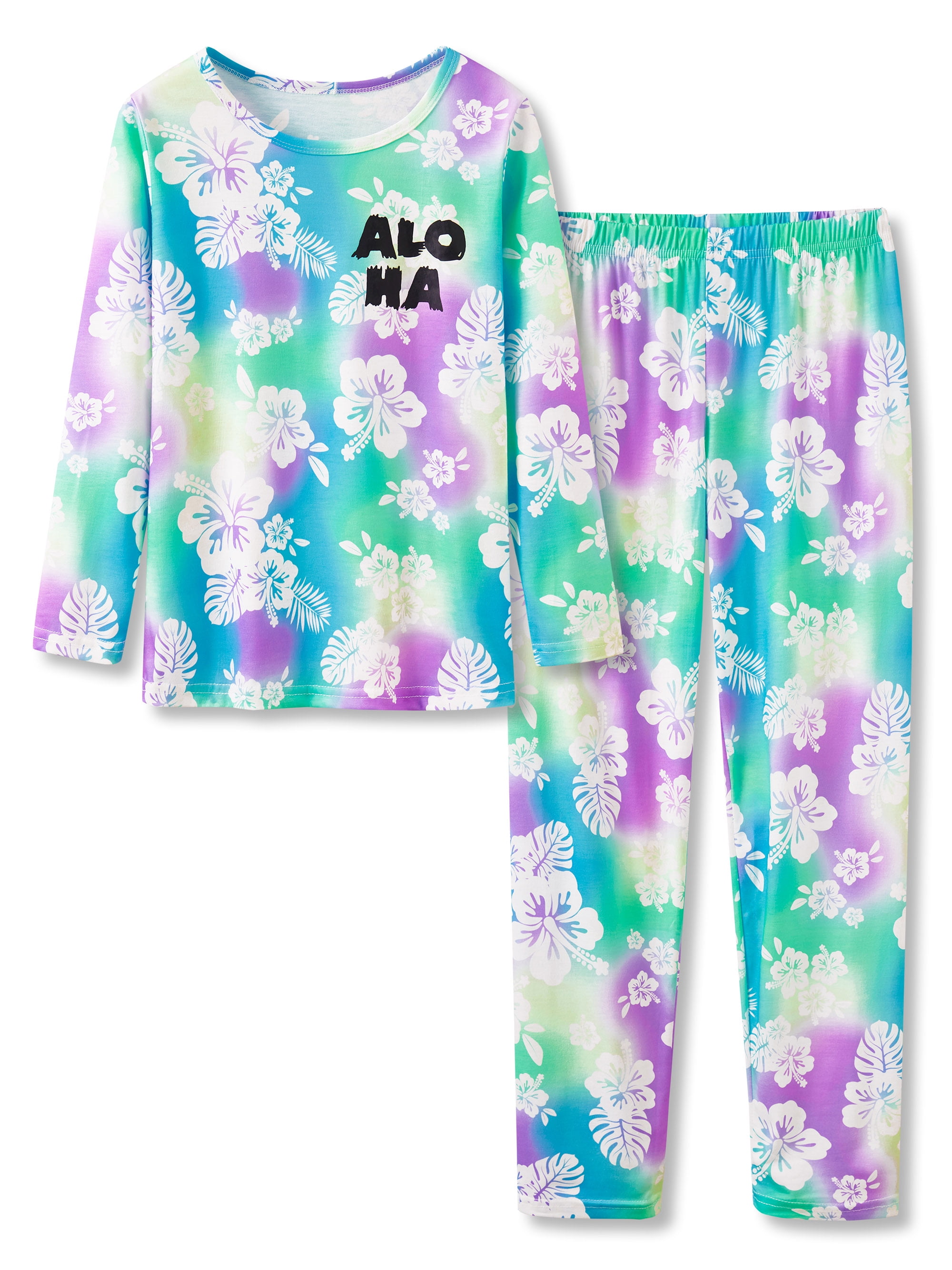 Neon Tie Dye Colorful Flowers Print Pajamas for Girls Long Sleeve ...