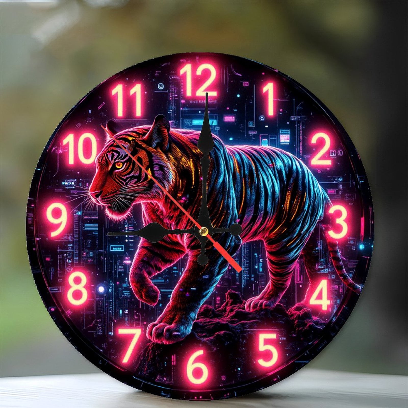 Neon Tiger Digital Wall Clock Art Decor Display 10-Inch Silent Wooden ...