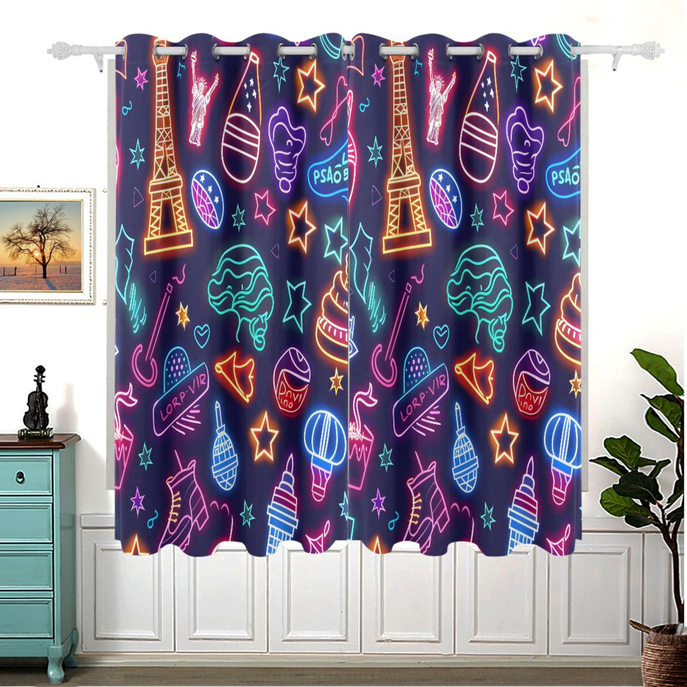 Neon Tower Star Shoescake Blackout Curtains for Bedroom 63x55 in 2 ...