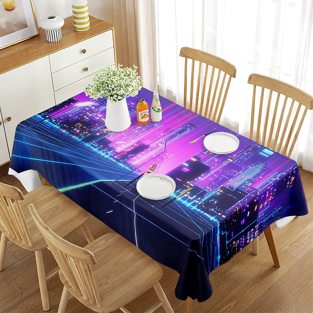 Neon Wave Blue Purple Colour Theme Tablecloth Rectangle Table Cover for ...