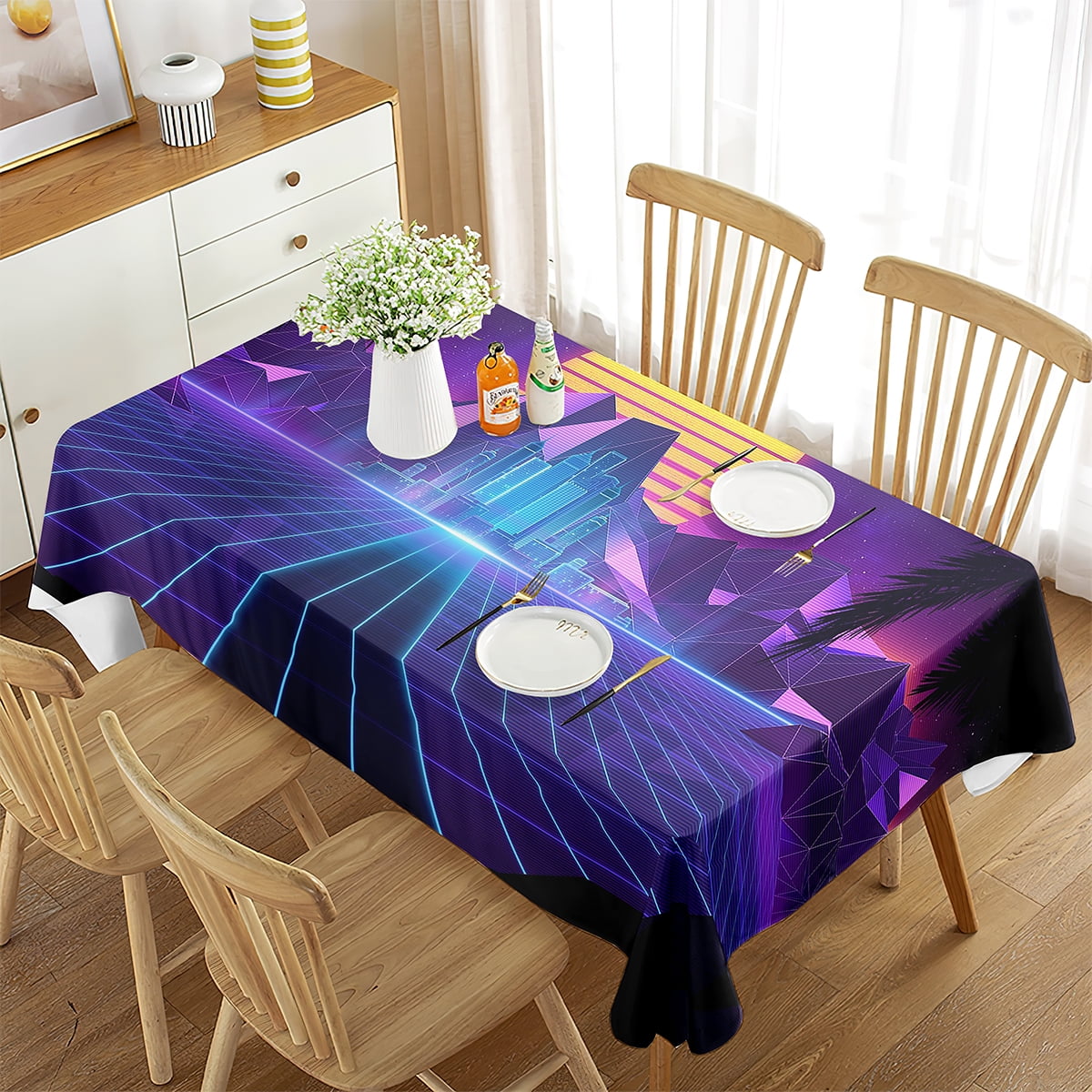 Neon Wave Blue Purple Colour Theme Tablecloth Rectangle Table Cover for ...