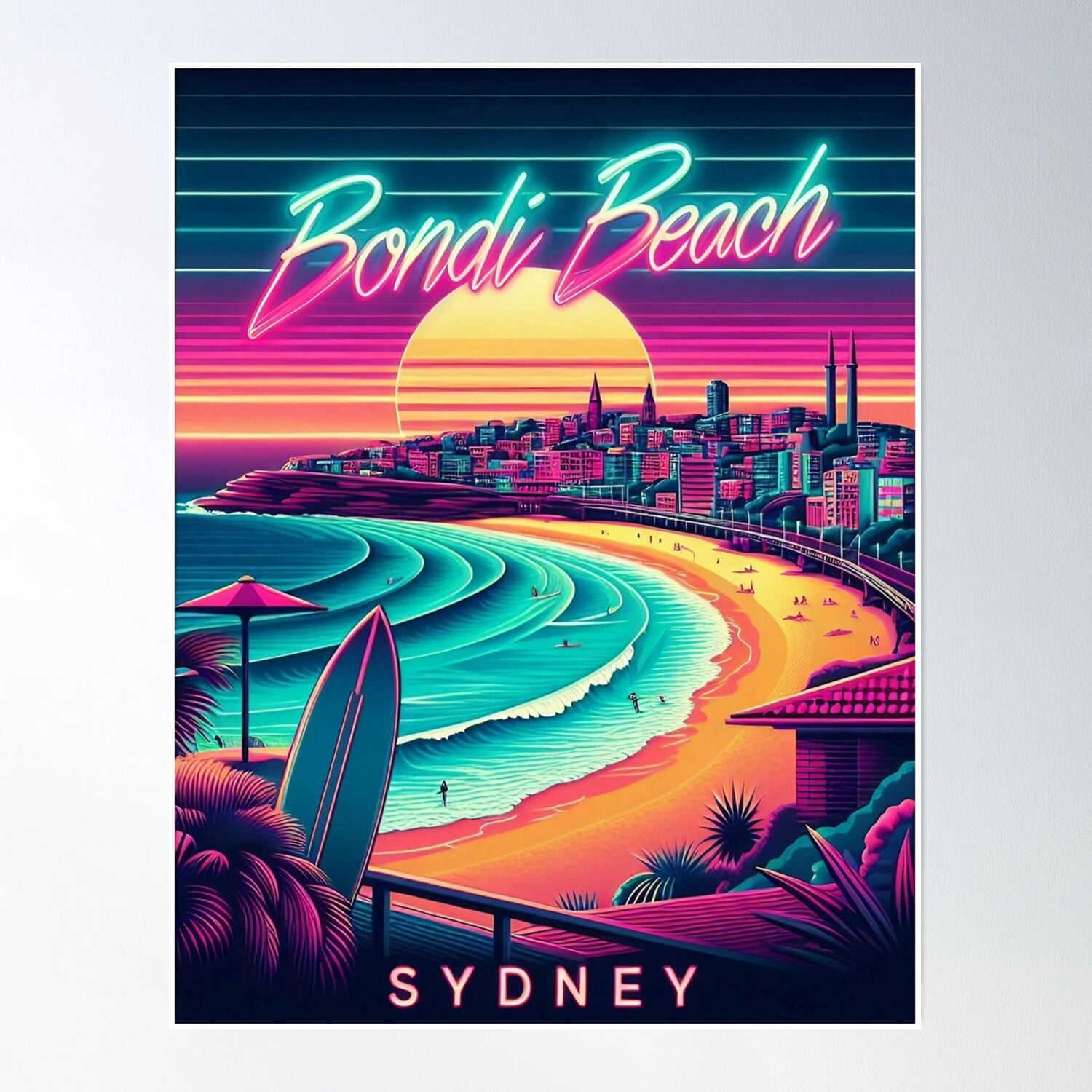 Neon Waves: 80S Style Surf Vibes, Bondi Beach Sydney - Retro Poster ...