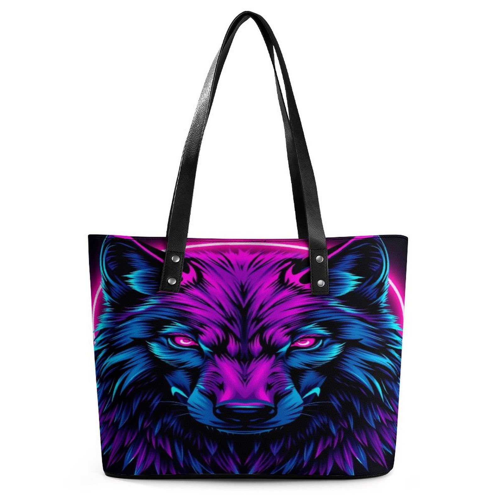 Neon Wolf Art Handbags PU Leather Shoulder Bag Tote Bag Top-Handle Hand ...
