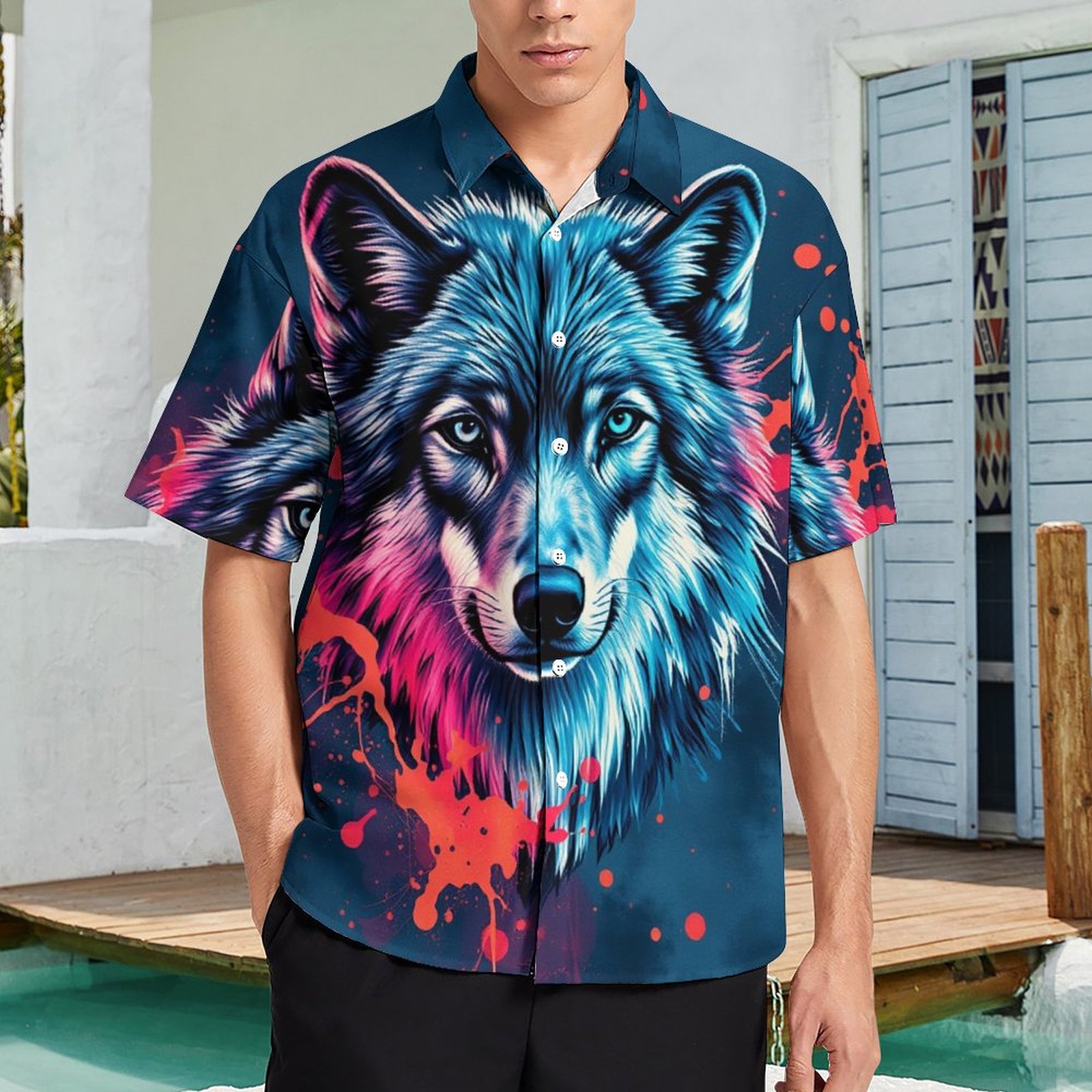 Neon Wolf Art PrintLoose Shirt Male Vacation Field with Irises Casual ...