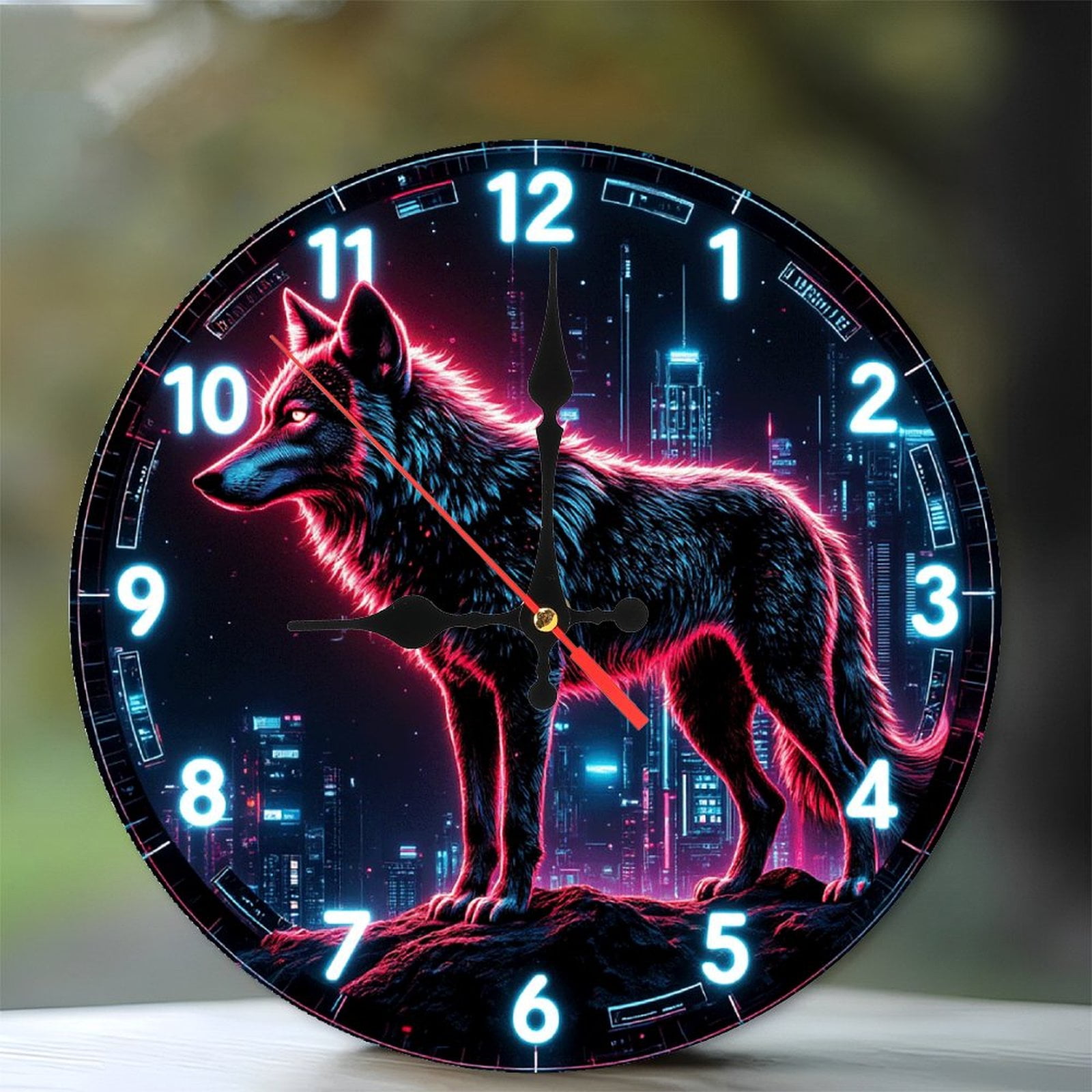 Neon Wolf Clock Art for Wall Decor And Gifts 10-Inch Silent Wooden Wall ...