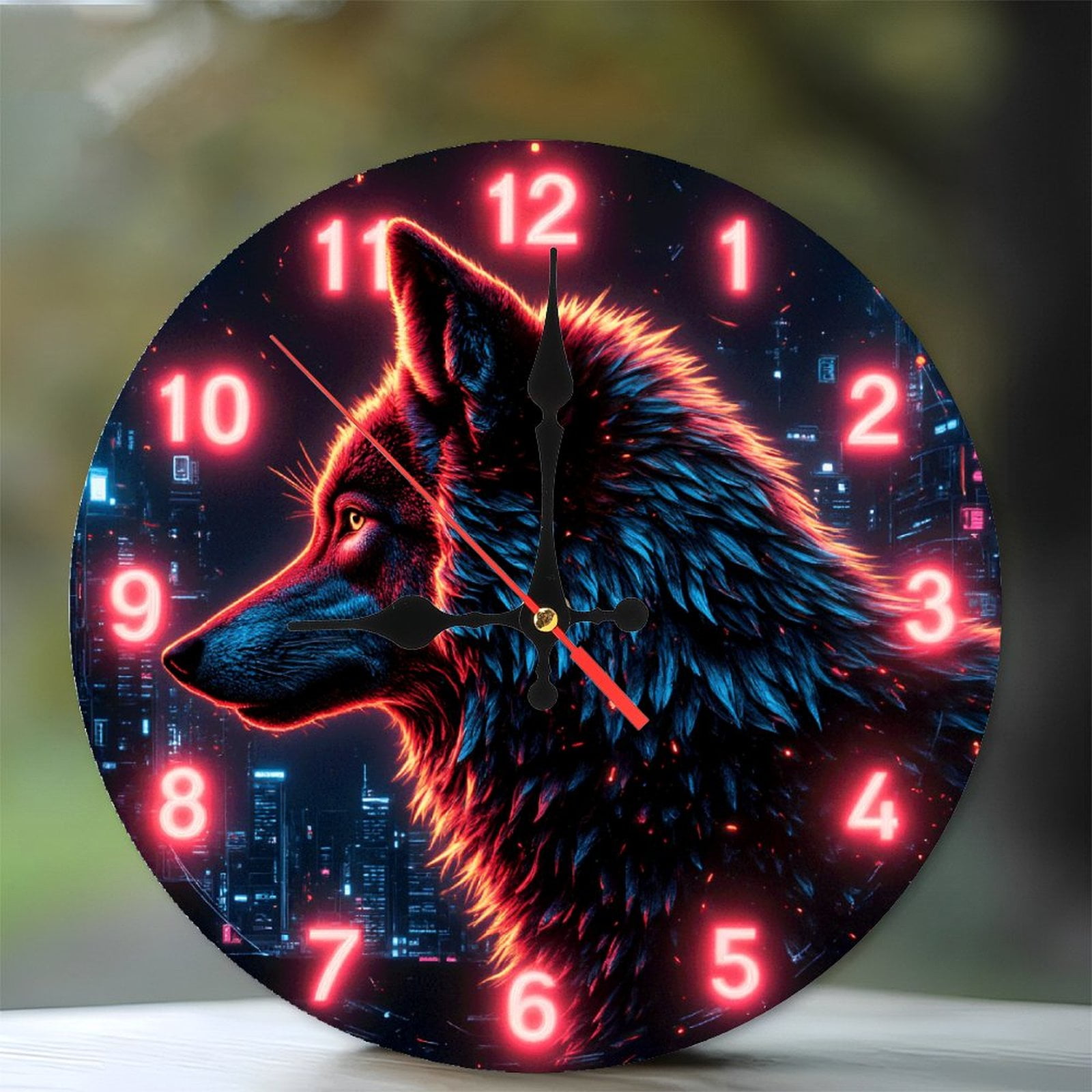 Neon Wolf Clock LED Wall Art Decor Design 10-Inch Silent Wooden Wall ...