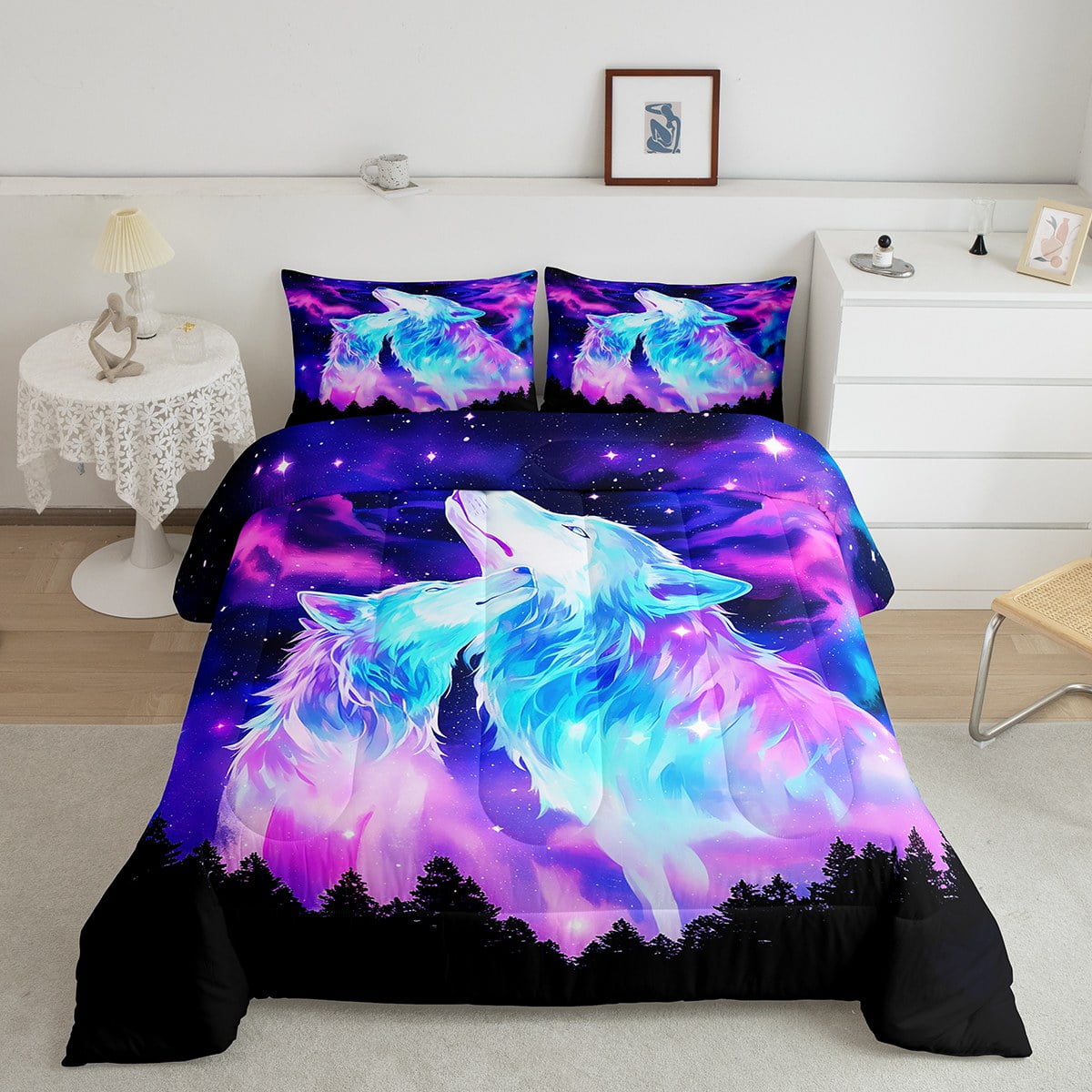 Neon Wolf Comforter 3D Wolves Printed Bedding Bedroom Decor, Moon Constellation Bedding ...