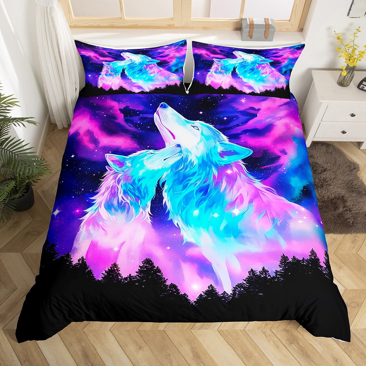 Neon Wolf Comforter Cover for Boys Girls 3D Wolves Printed Bedding Set Bedroom Decor, Moon ...