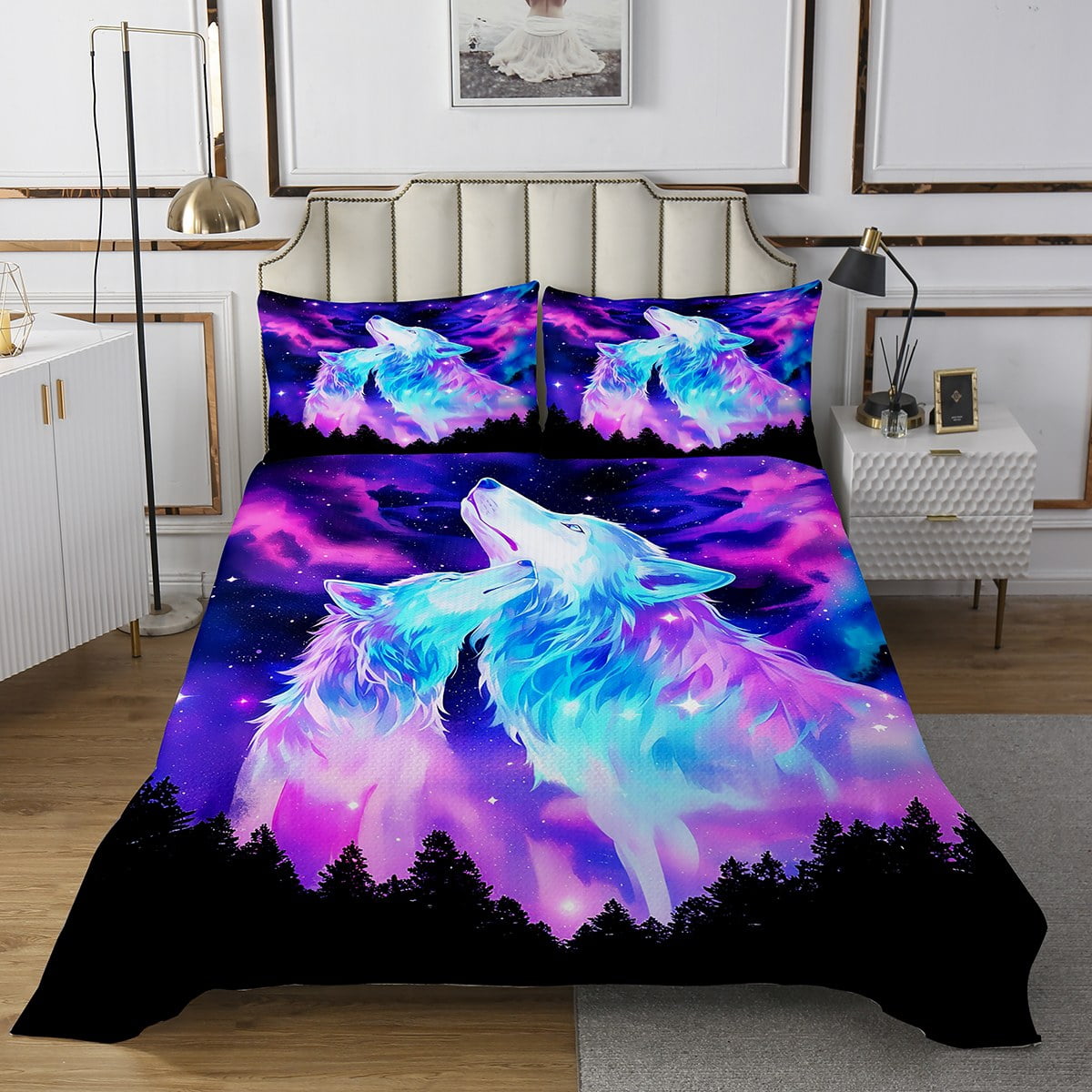Neon Wolf Coverlet Set 3D Wolves Printed Bed Set Bedroom Decor, Moon ...