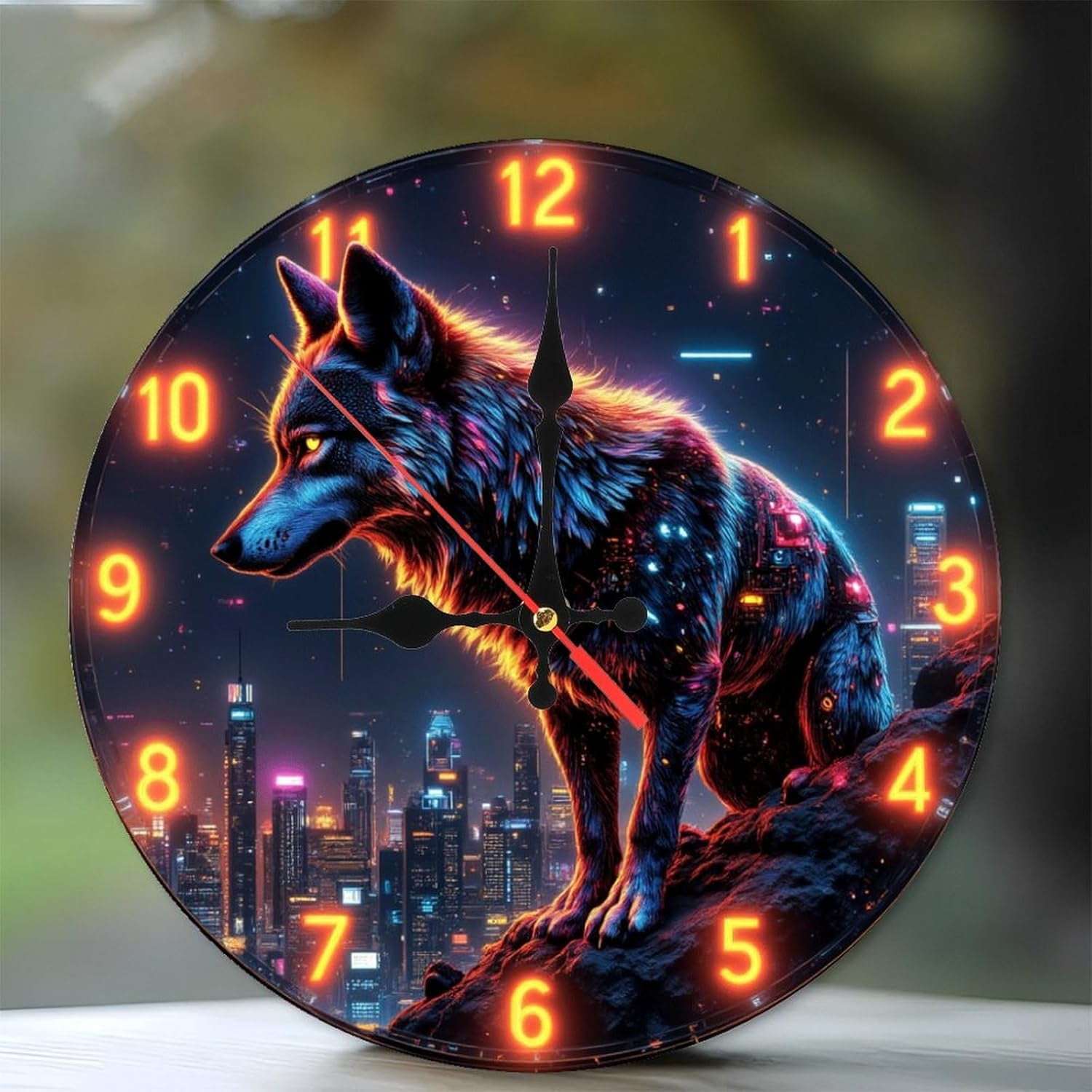 Neon Wolf Wall Clock Digital Art Decor10-Inch Wooden Wall Clock, Silent ...