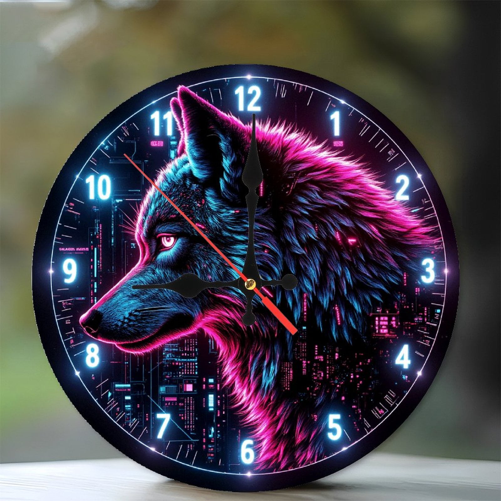 Neon Wolf Wall Clock Unique Style Home Decor 10-Inch Silent Wooden Wall Clock, Battery Operated ...