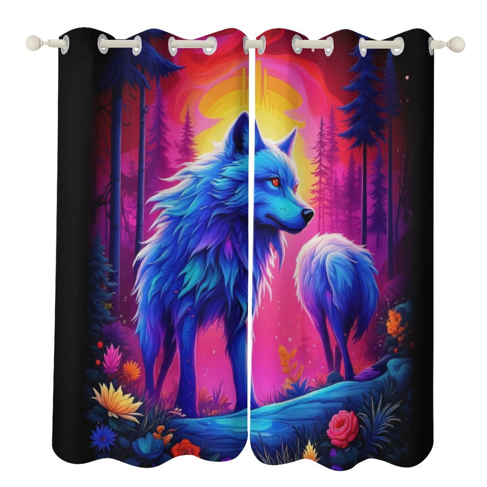 Neon Wolves in Fantasy Forest 2 Panels 3D Printing Pattern Curtain for ...