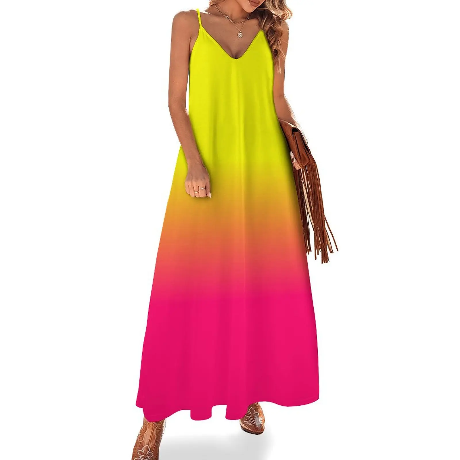 Neon and Neon Yellow Ombré Shade Color Fade Sleeveless Dress evening ...