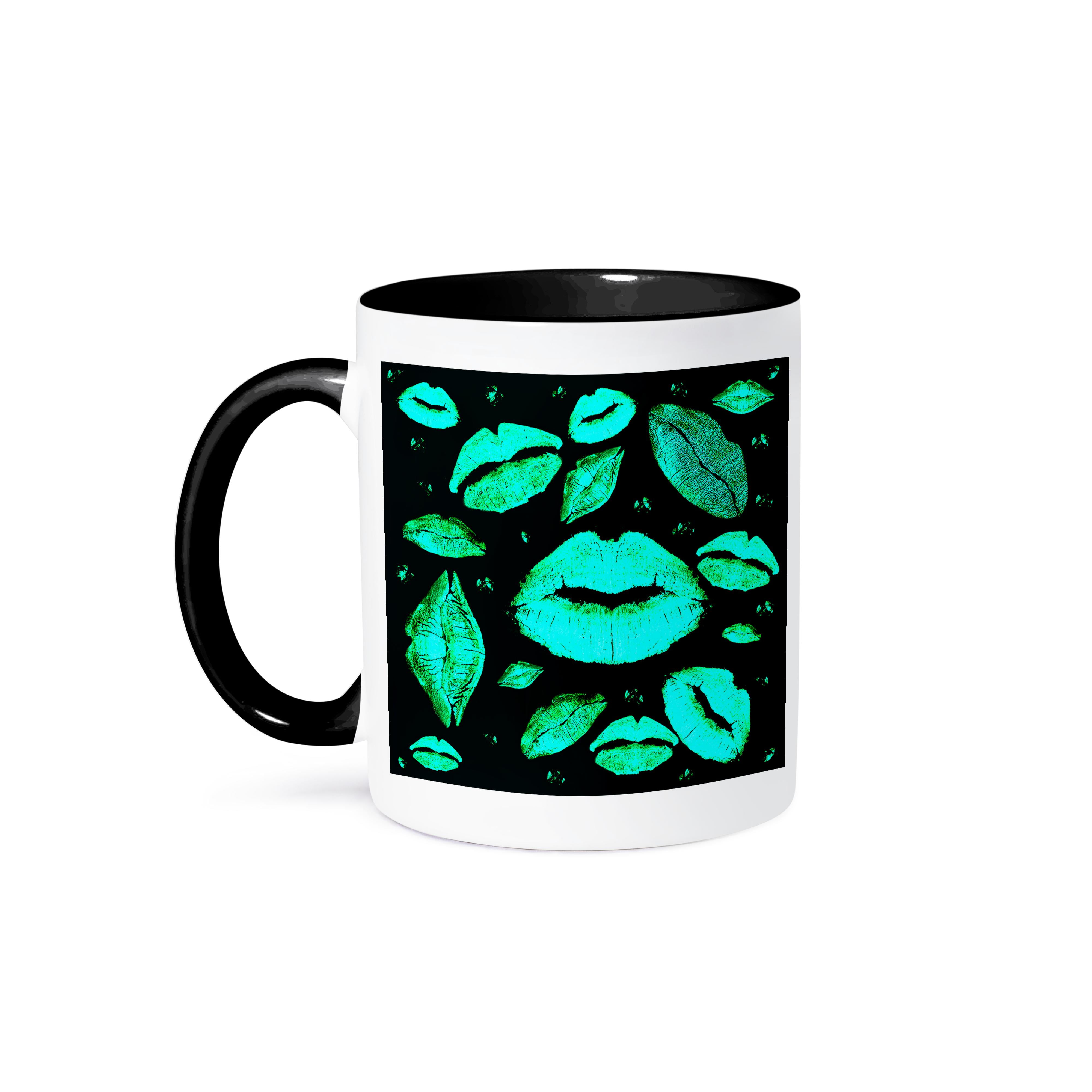3dRose, Neon green kisses on a black background, 15oz Two-Tone Black ...