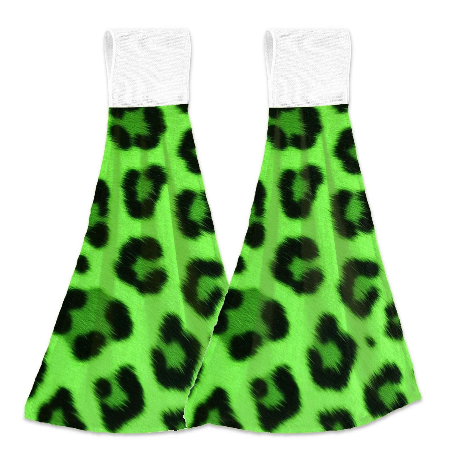 Neon green leopard print texture Hanging Kitchen Hand Towels Sets with ...