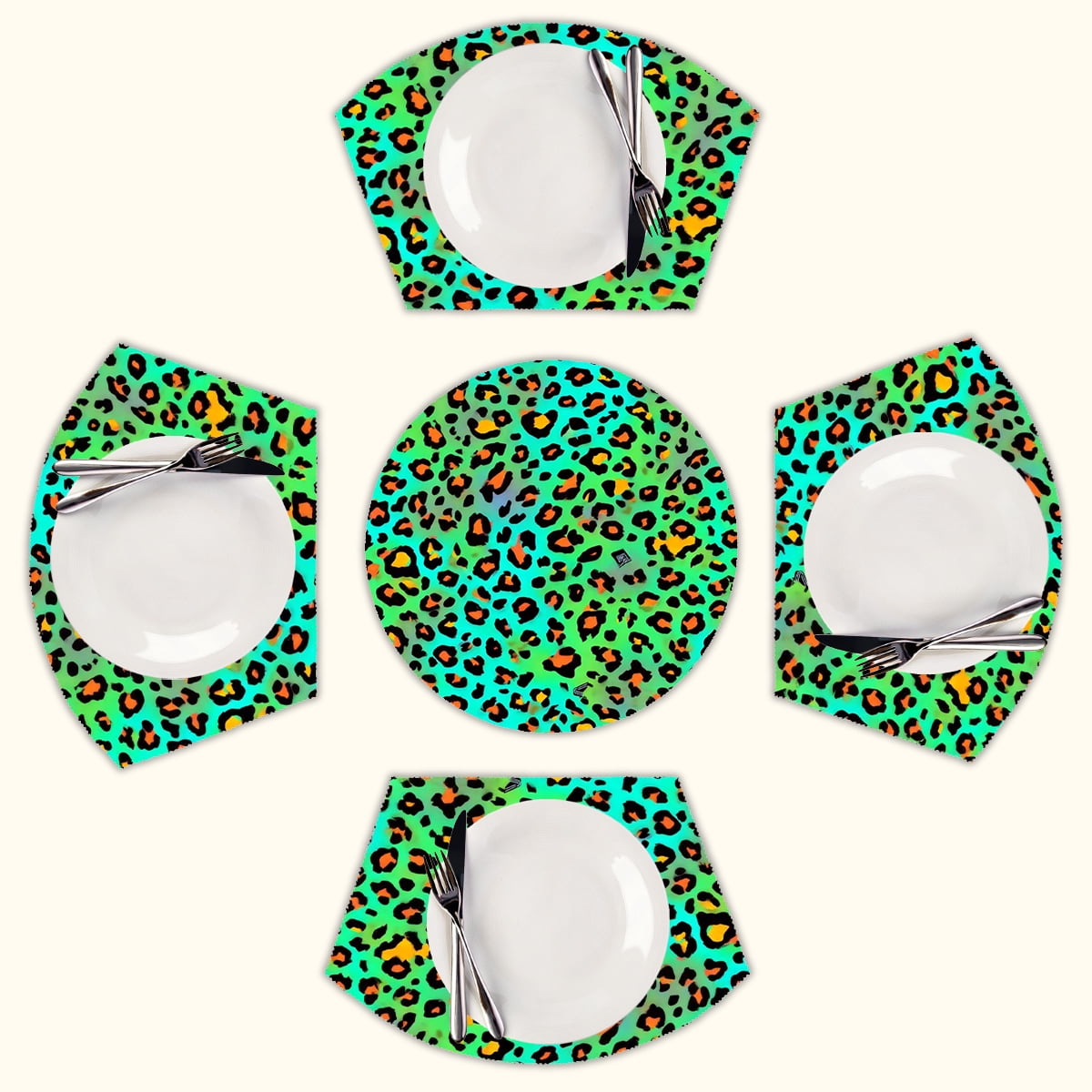Neon leopard print vibrant pattern Round Table Placemats Set Of 5 Wedge ...