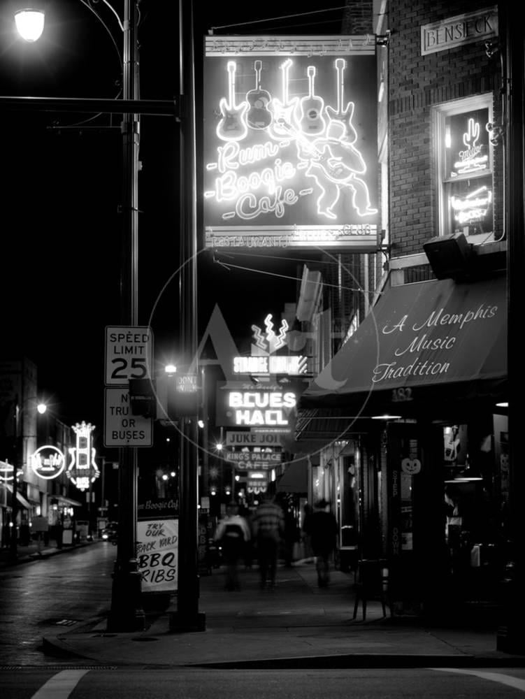 Neon sign lit up at night in a city, Rum Boogie Cafe, Beale Street ...