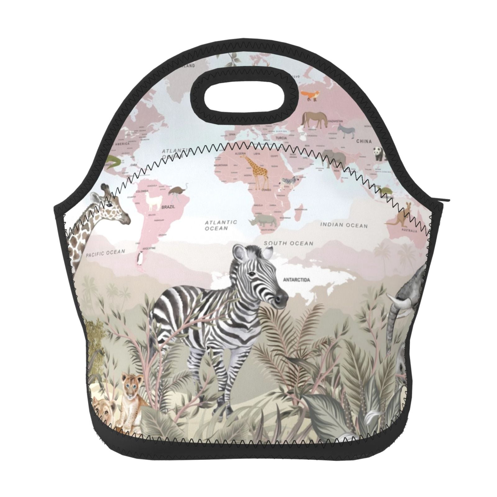 Neoprene Lunch Bag for Women, World Map With Safari AnimalsInsulated ...