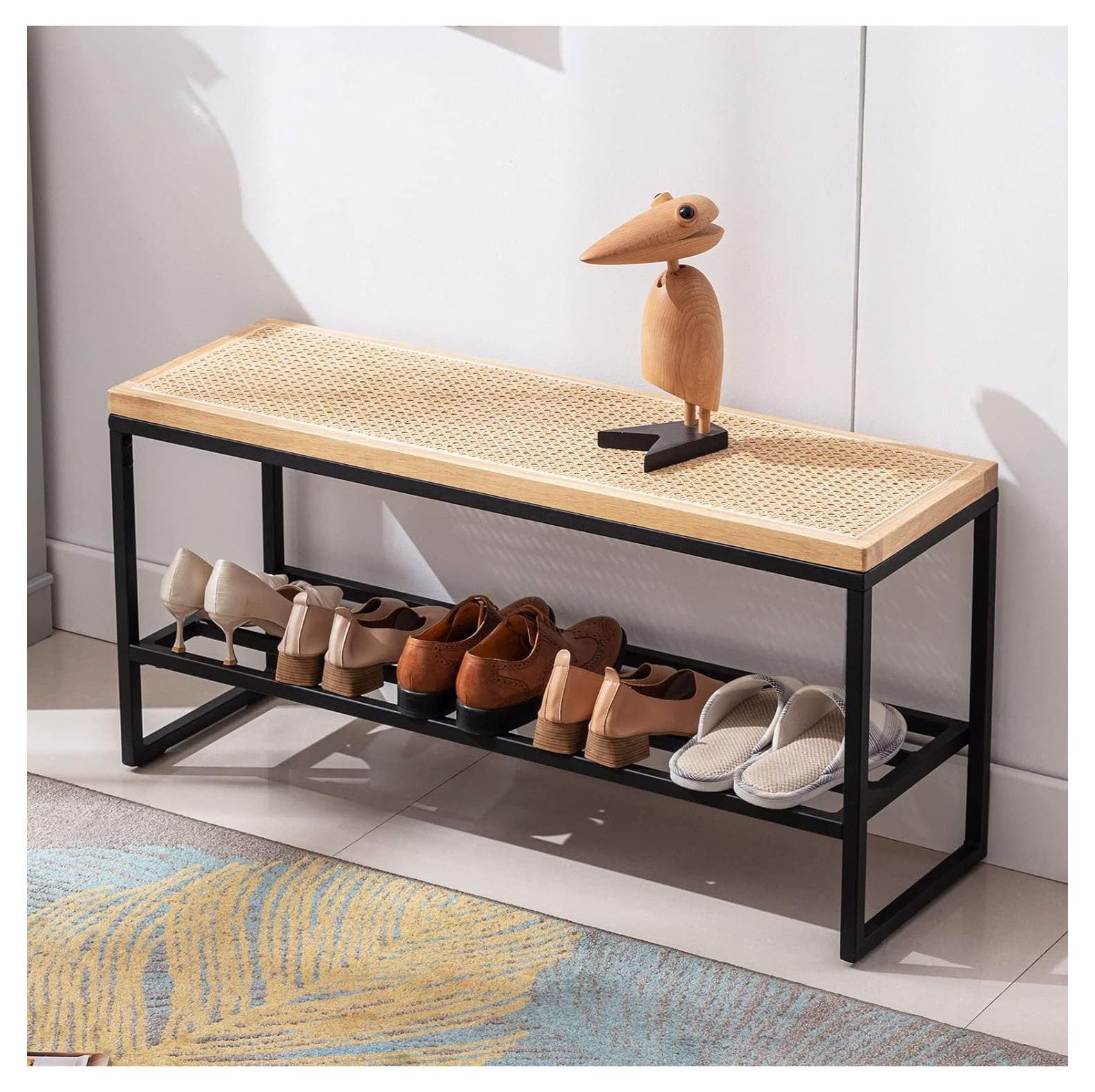 NeosKon Entryway Rattan Solid Wood Storage Bench, 40.6" 2 Tier Mudroom ...