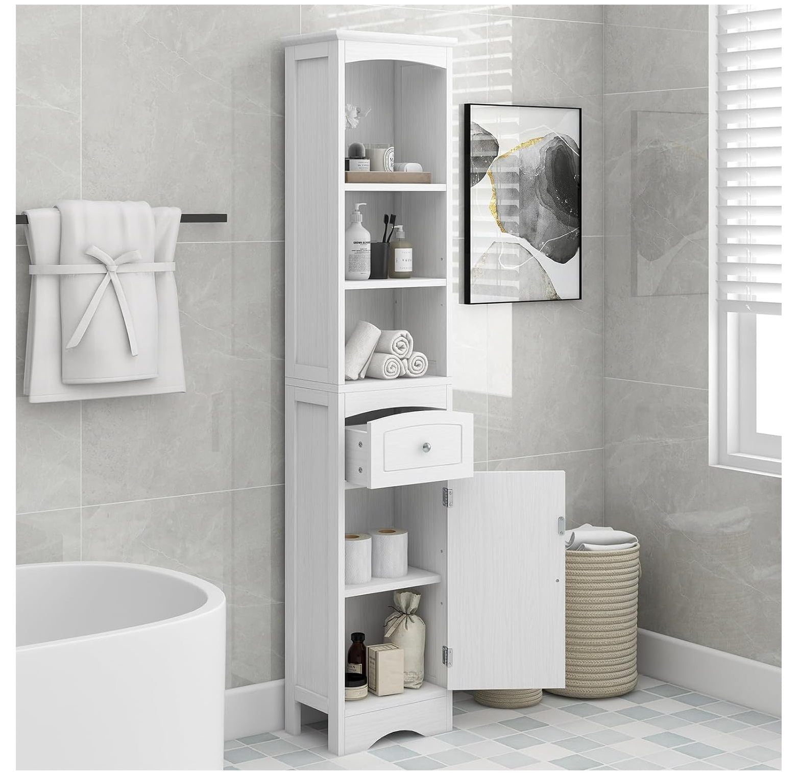 NeosKon Tall Bathroom Storage Cabinet Linen Tower Slim Freestanding ...