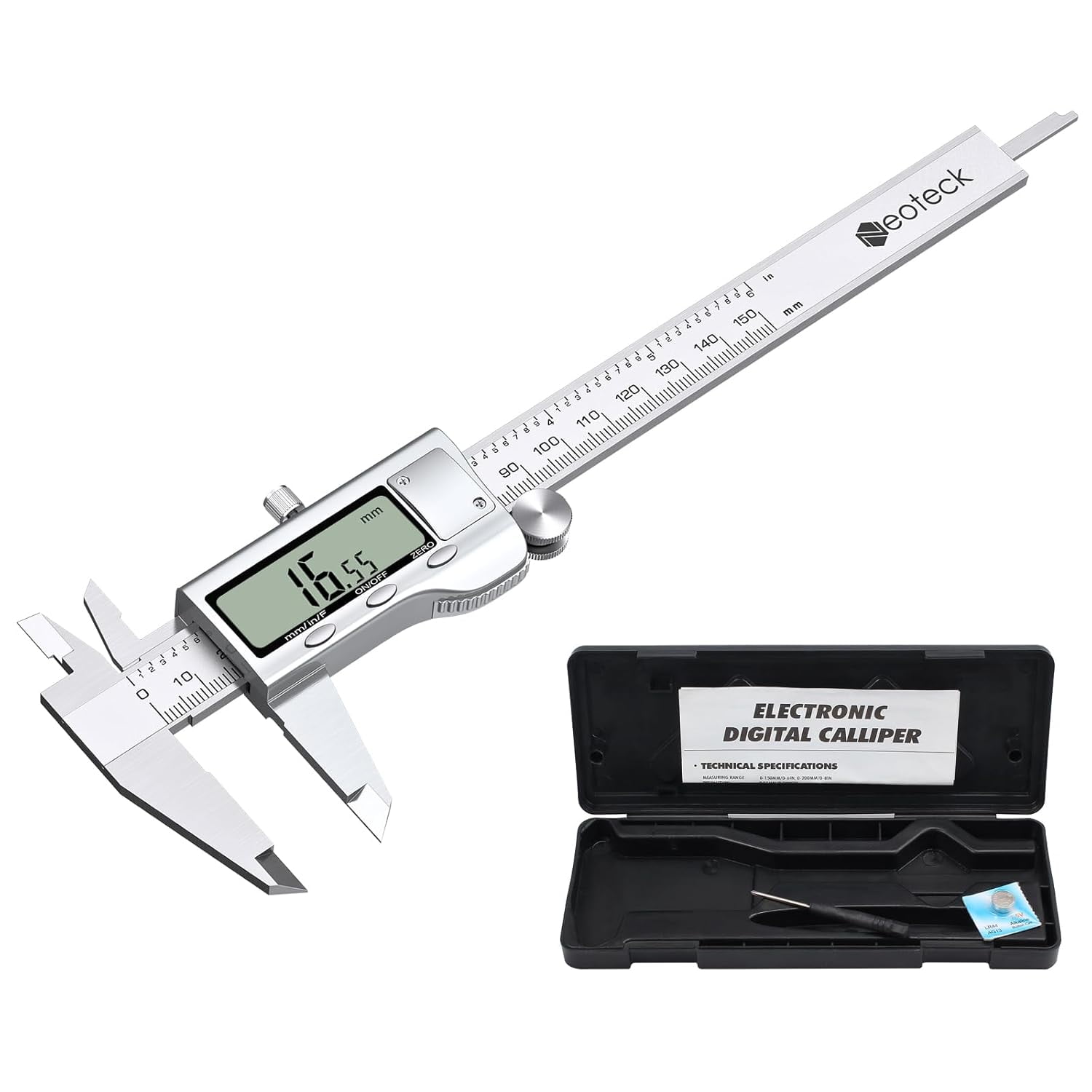 Neoteck 6" Digital Caliper, Stainless Steel, LCD Display, Fraction/Inch ...