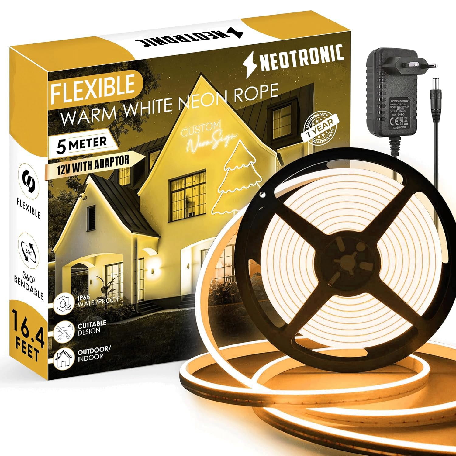 Neotronic 164 Feet Long with 12V Adaptor LED Neon Strip Rope LightsFlat ...