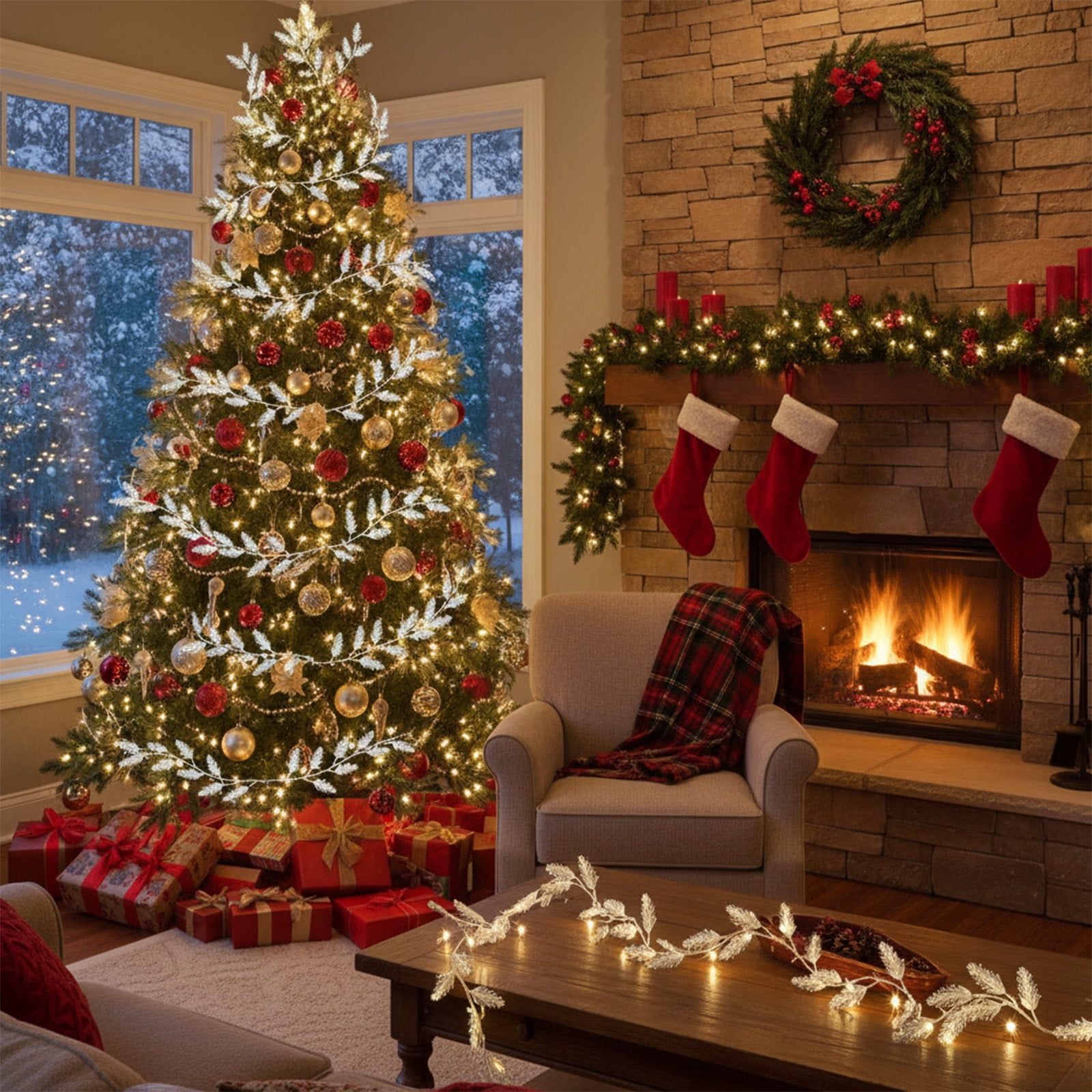 Neoyler Christmas Garland Artificial Leaf Branch Spray with Glitter ...
