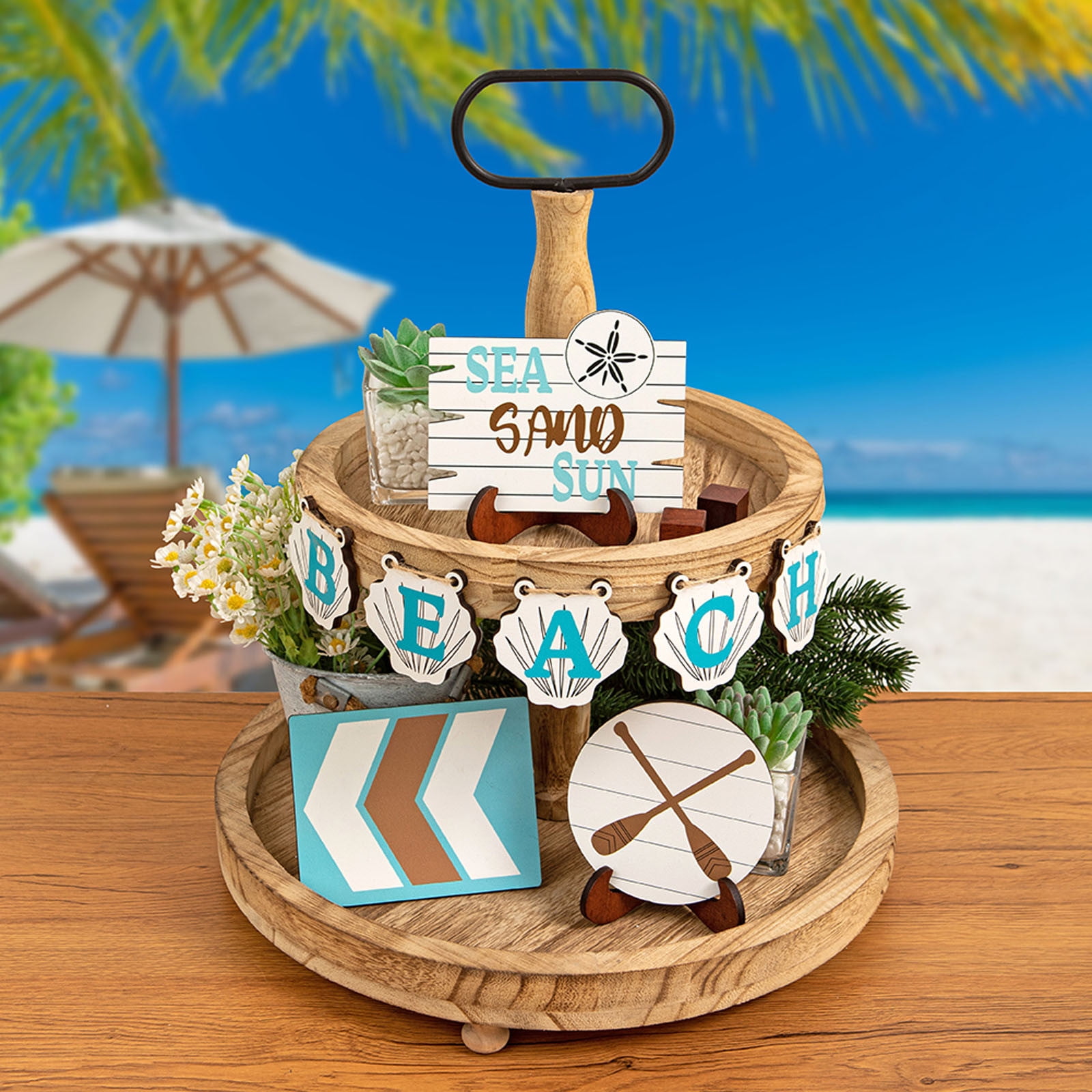 Neoyler Tiered Tray Decor Display Set Cute Wooden Signs Suit for Home ...