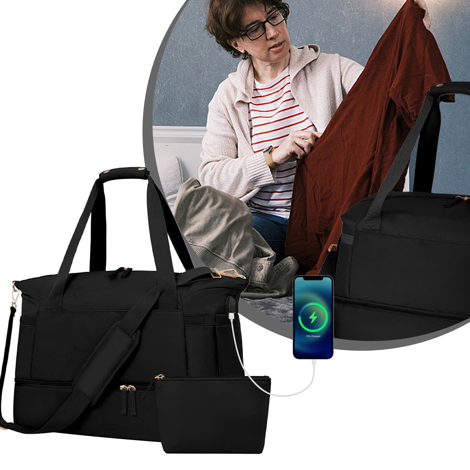 Neoyler Women's Travel Duffel Bag with Shoe Compartment USB Charging ...