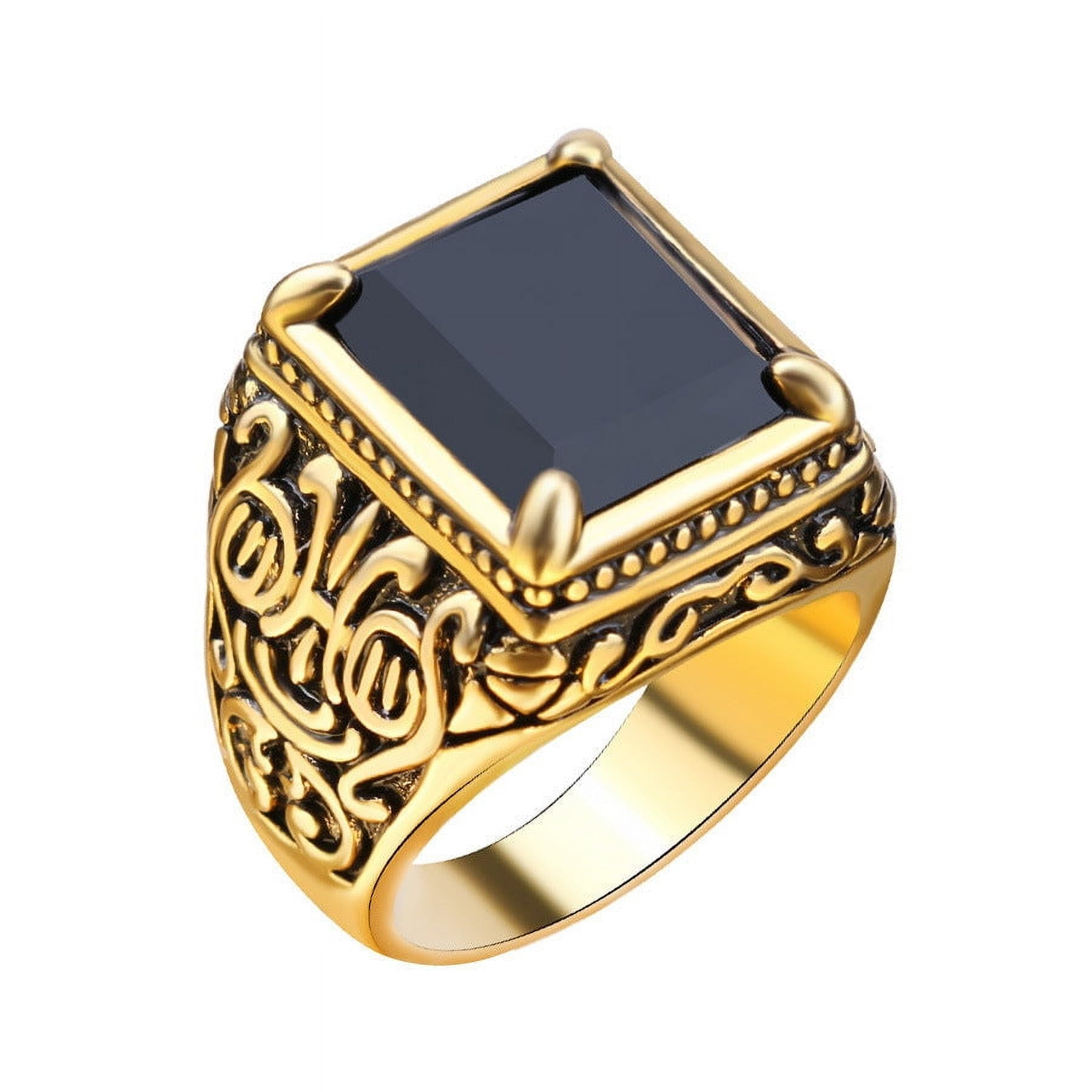 Men's Gold Plated Alloy Ring with Black Stone Tibetan Inspired Design ...