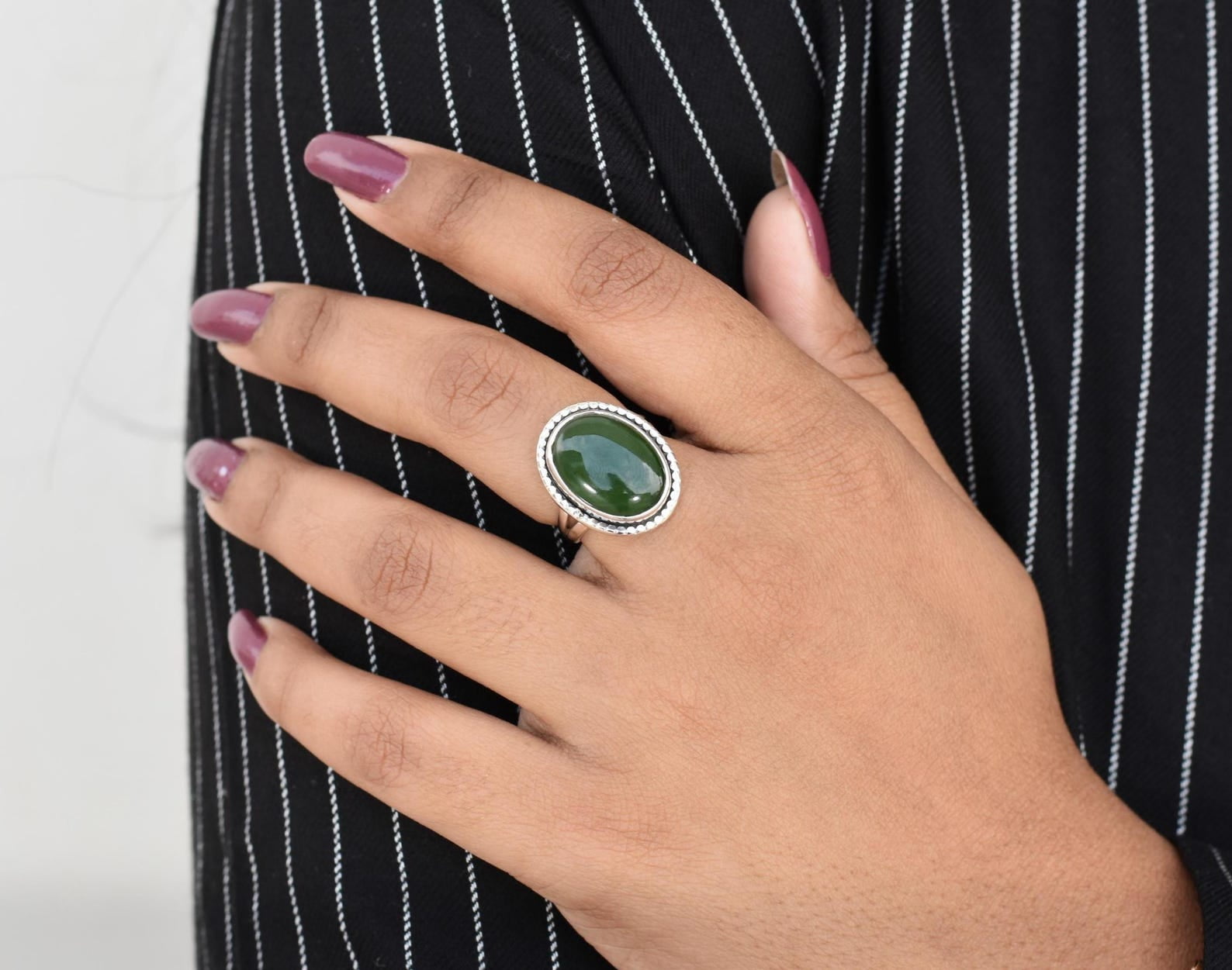 Nephrite Jade Ring 925 Sterling Silver Oval Statement Ring for Women ...
