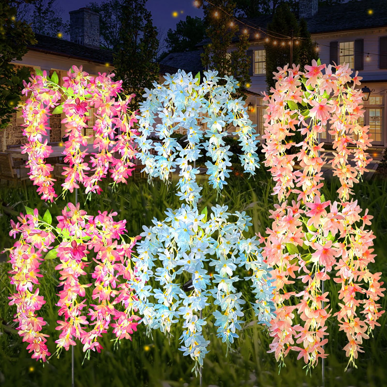 Neporal Solar Flowers Outdoor Waterproof IP65, 5 Lilac Vines with 140 ...