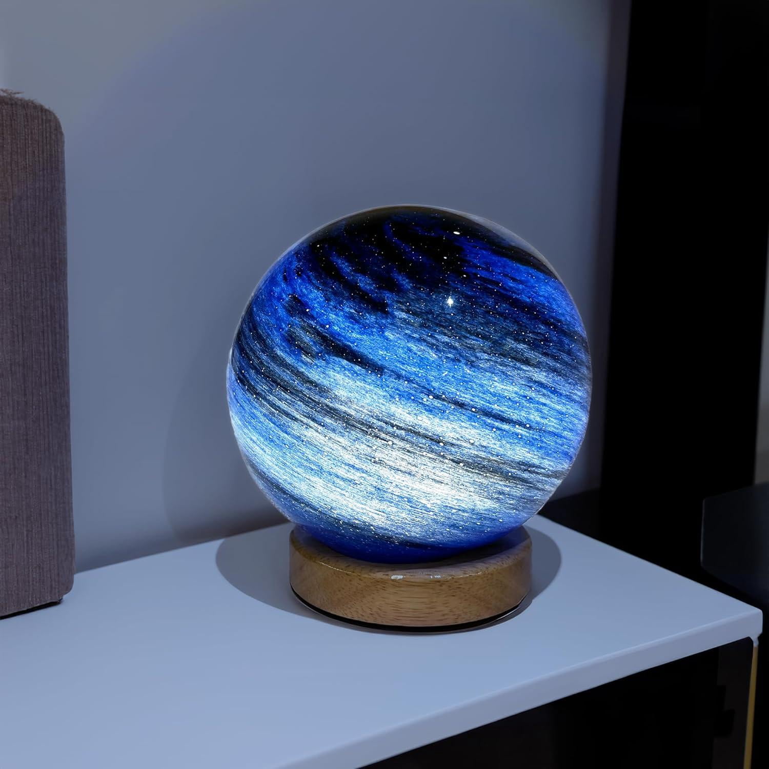 Neptune Blue Planet Night Light Glass Bedside with Wooden Base 3 Modes ...