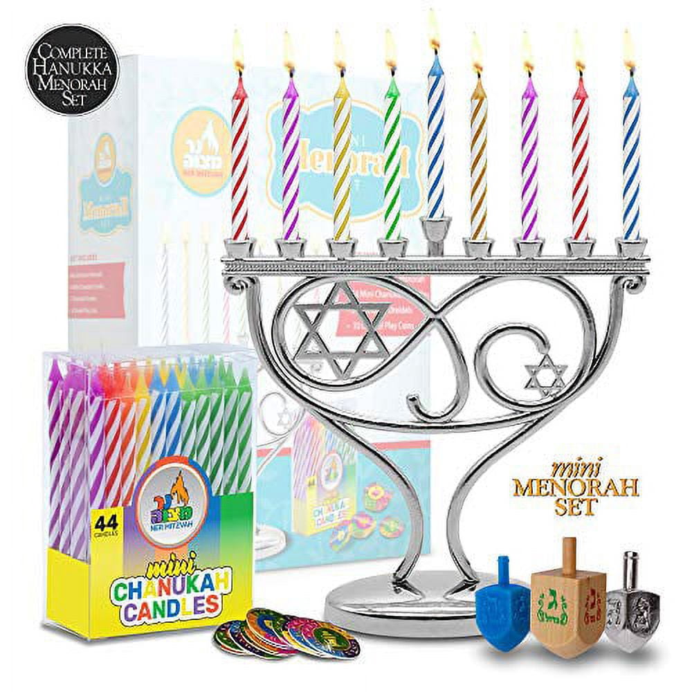 Ner Mitzvah, 4.5" Mini Menorah Kit, Menorah - Candles - Dreidels - Play ...