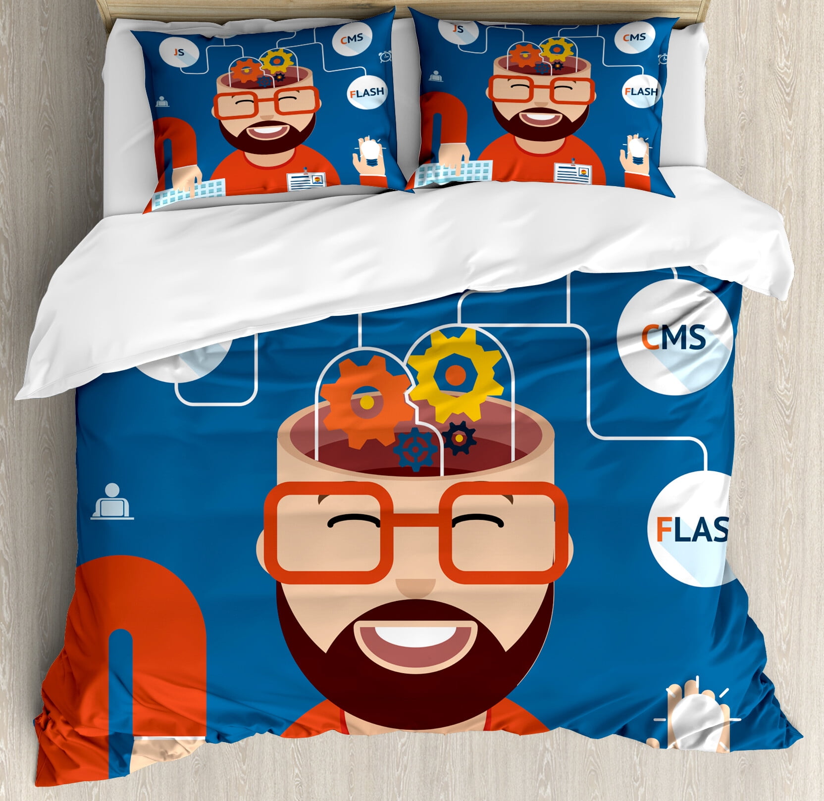 Nerd Duvet Cover Set, Happy Web Developer with His Brain Open Coding ...