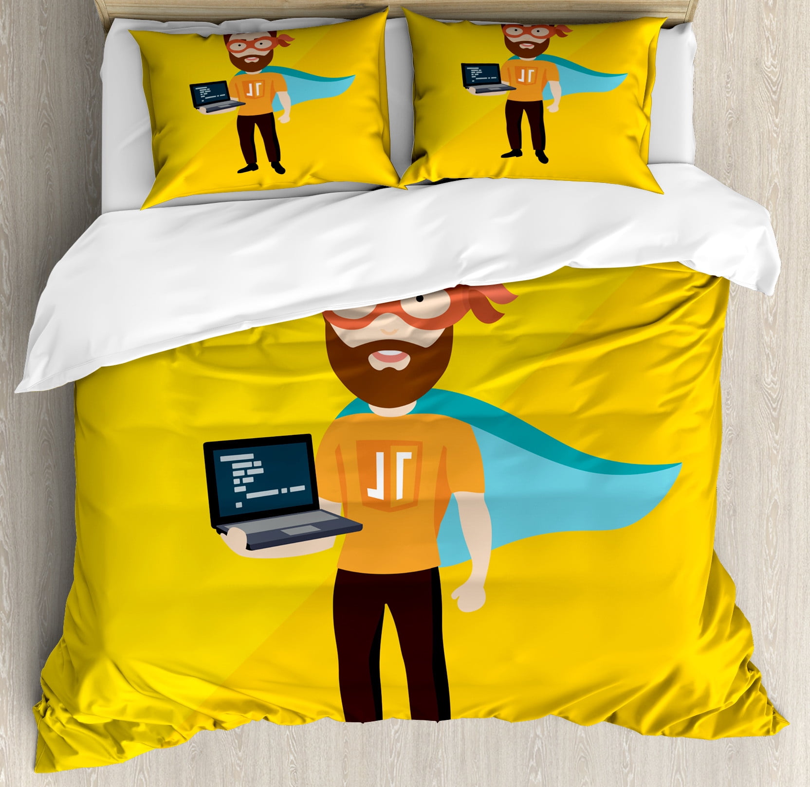 Nerd Duvet Cover Set, Man Wears a Cape Superhero Holding a Laptop ...