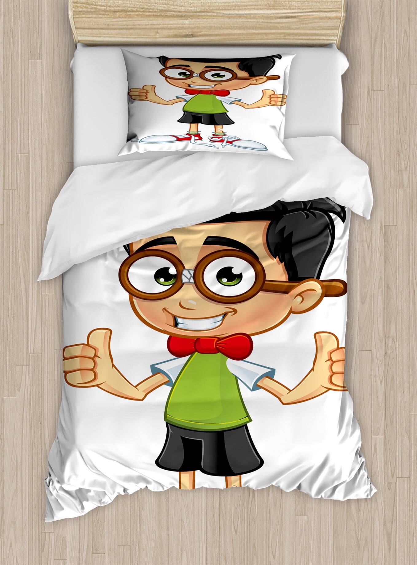 Nerd Duvet Cover Set, Pattern of a Happy Young Boy Character with ...