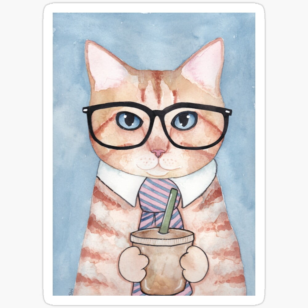 Nerdy Tabby Coffee Cat Sticker Phone Decal Water Bottle Stickers Car ...