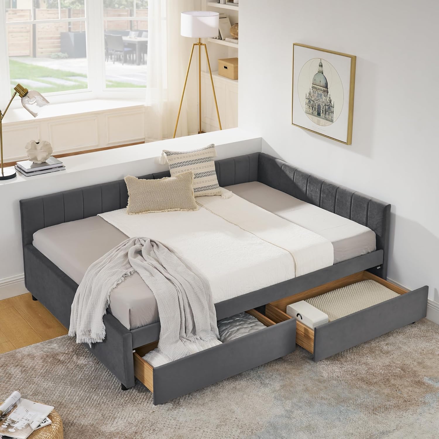 Neretva Full Size Corner Daybed with Storage Drawers, Velvet ...