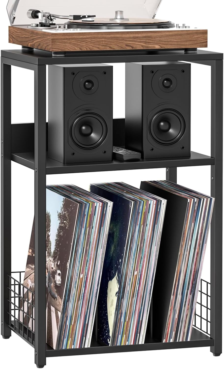 Neretva Large Black Record Player Stand, 3 Tier Big End Table with ...