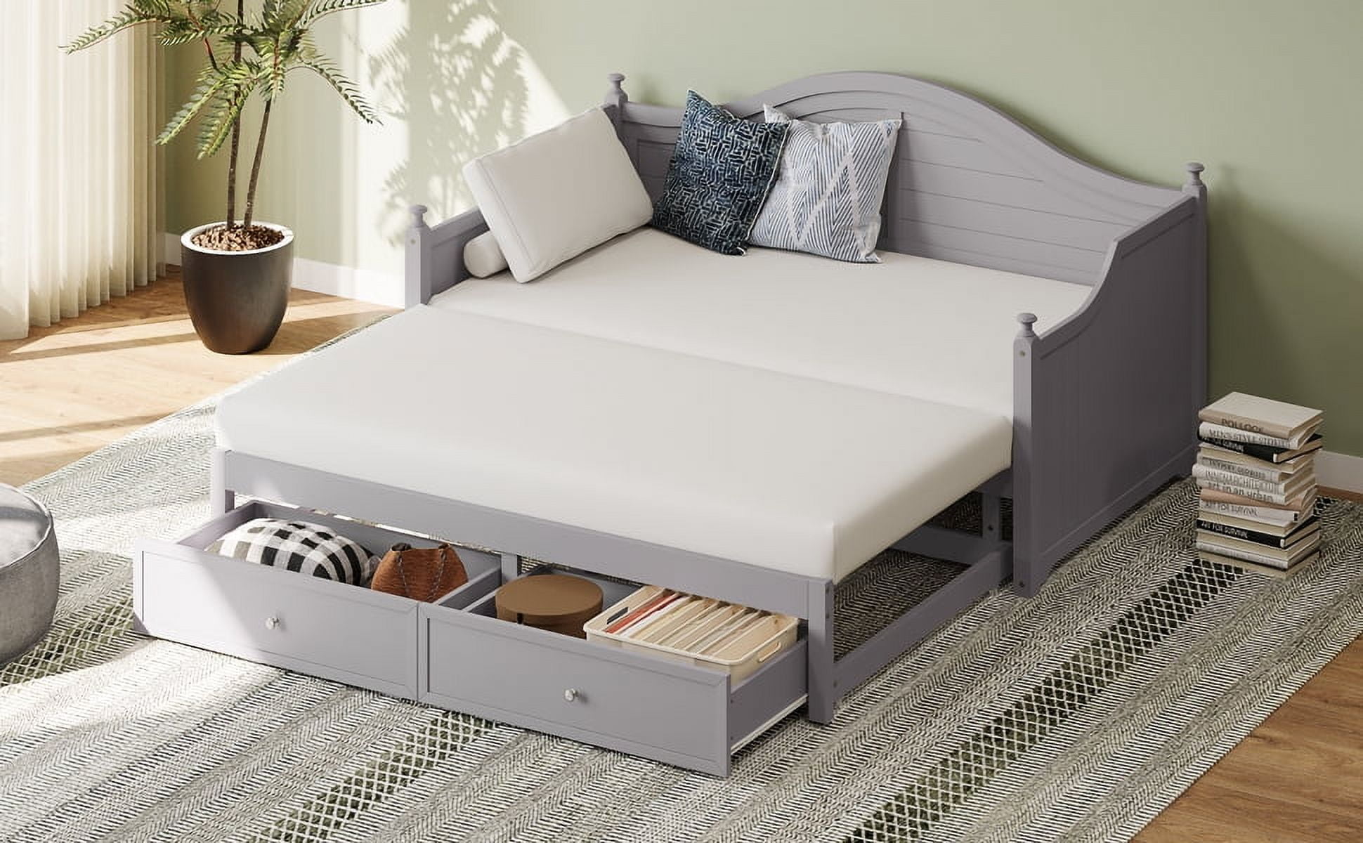 Neretva Wooden Twin Size Daybed with Pop-Up Trundle & Storage Drawers ...