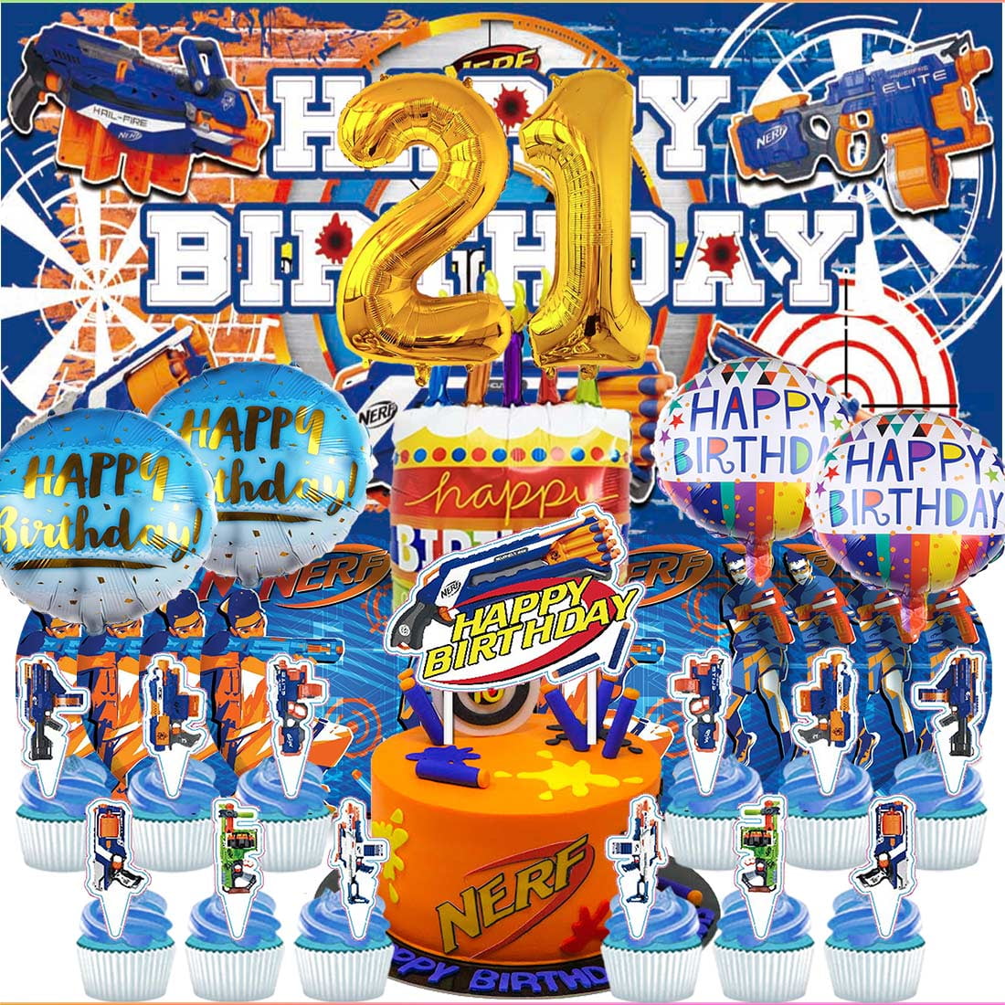 Nerf 21th Tableware Balloons Cake Toppers Backdrop Banner Supplies ...