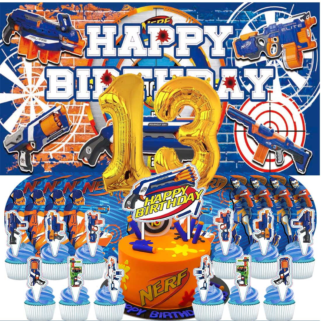 Nerf Balloons Party Supplies 13th Decor Tableware Birthday Cake Topper ...